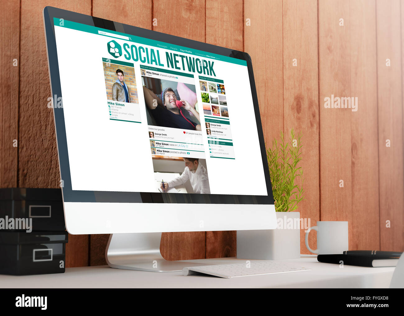 modern wooden workspace with computer social network. All screen ...