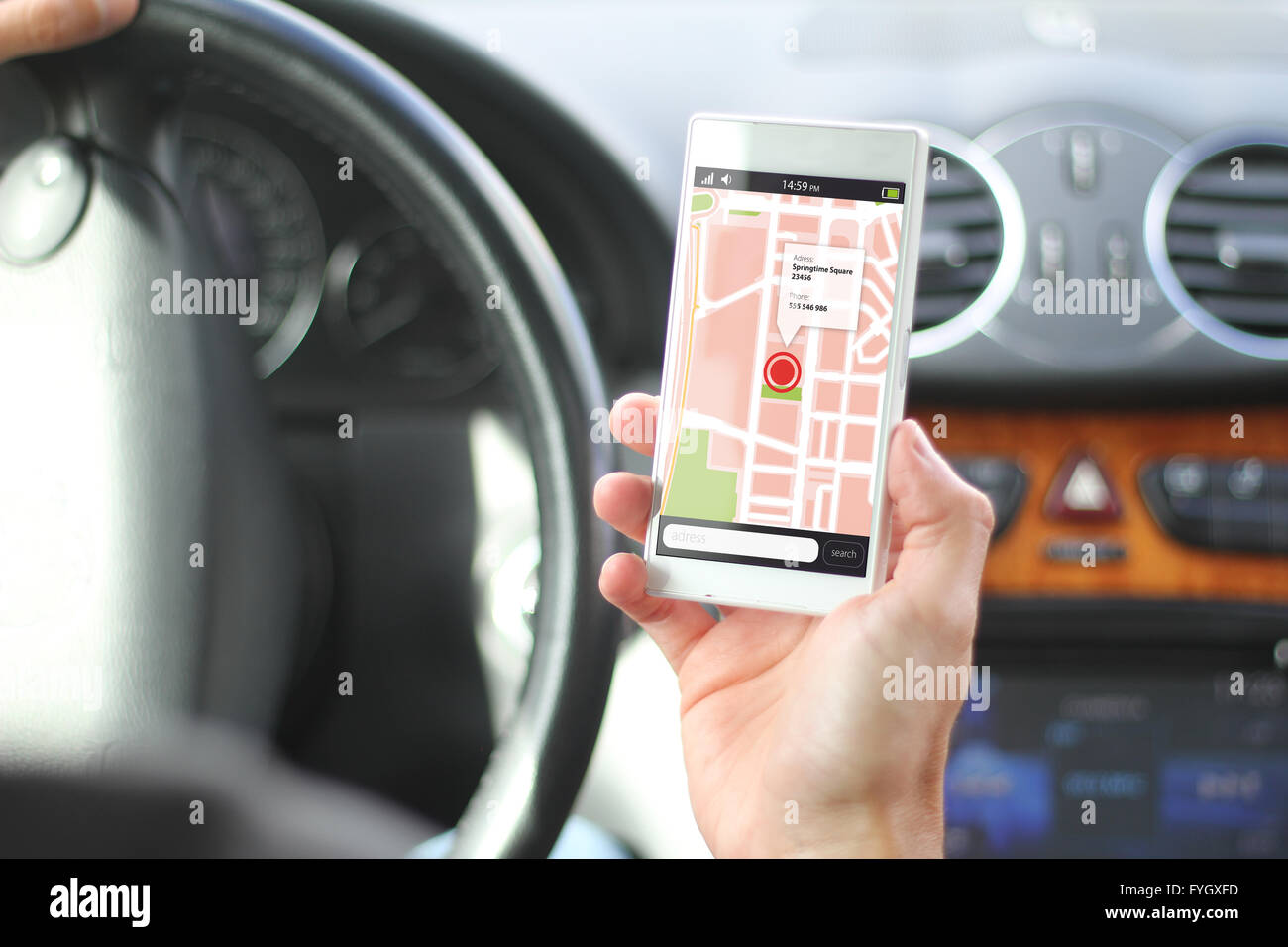 driver holding smartphone with gps map app interface. All screen ...