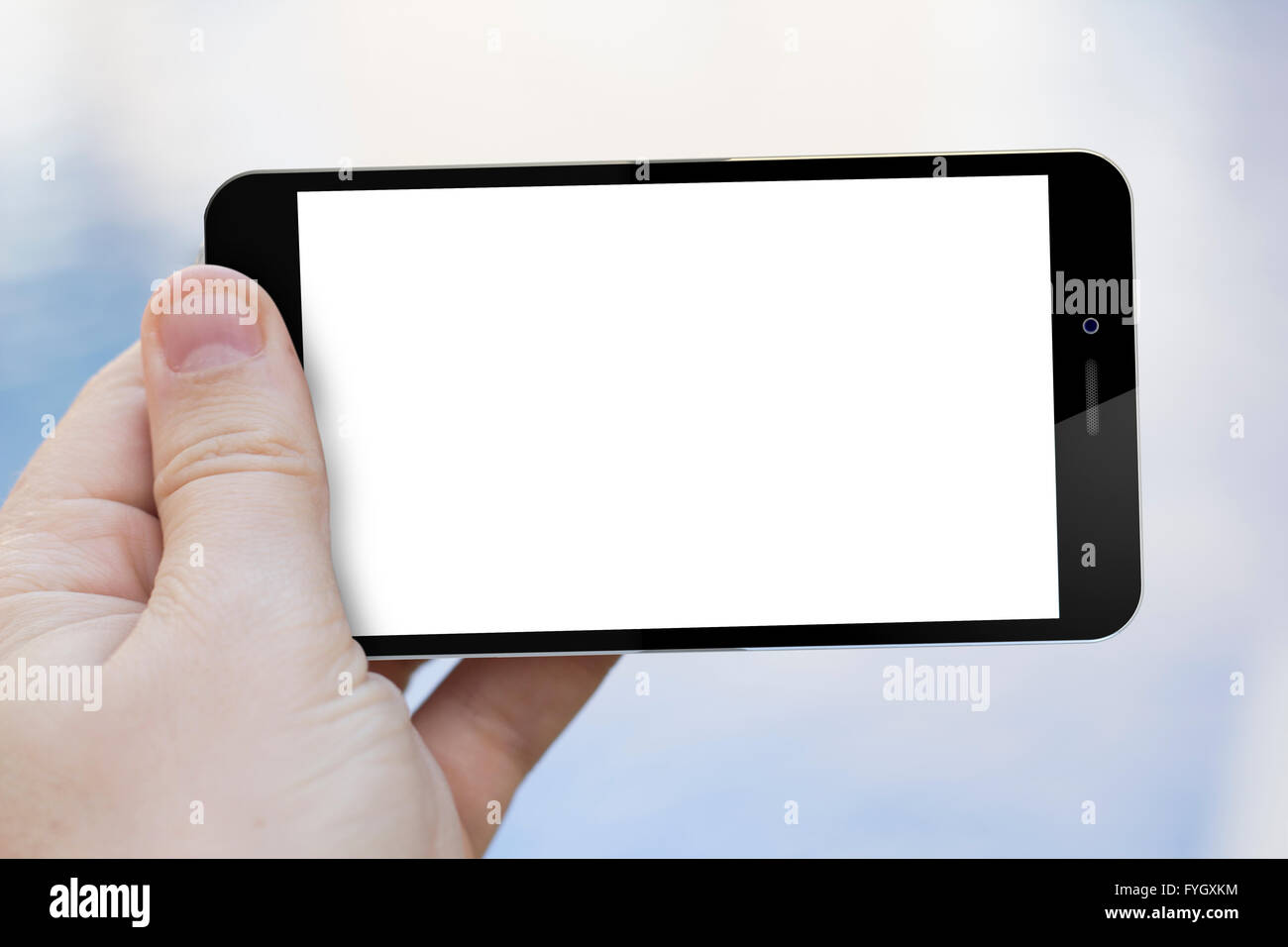 communications concept: hand holding a blank screen 3d generated ...