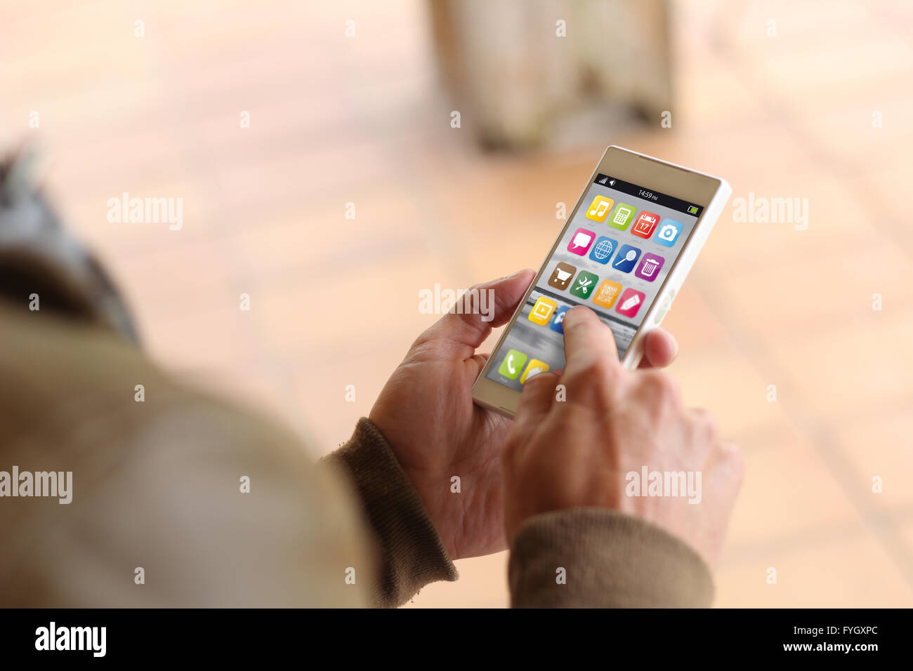 man touching the screen of his smartphone. All screen graphics are made ...