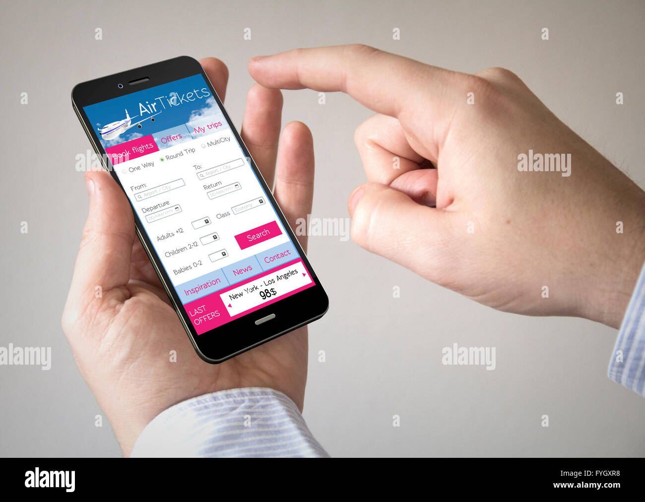 Close up of man using mobile smart phone with ticket flight application ...