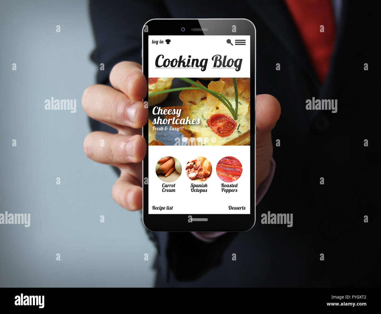cooking concept: businessman hand holding a touch phone with cooking ...