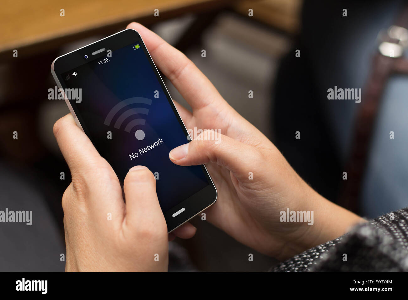 girl using a digital generated phone with no network on the screen. All ...