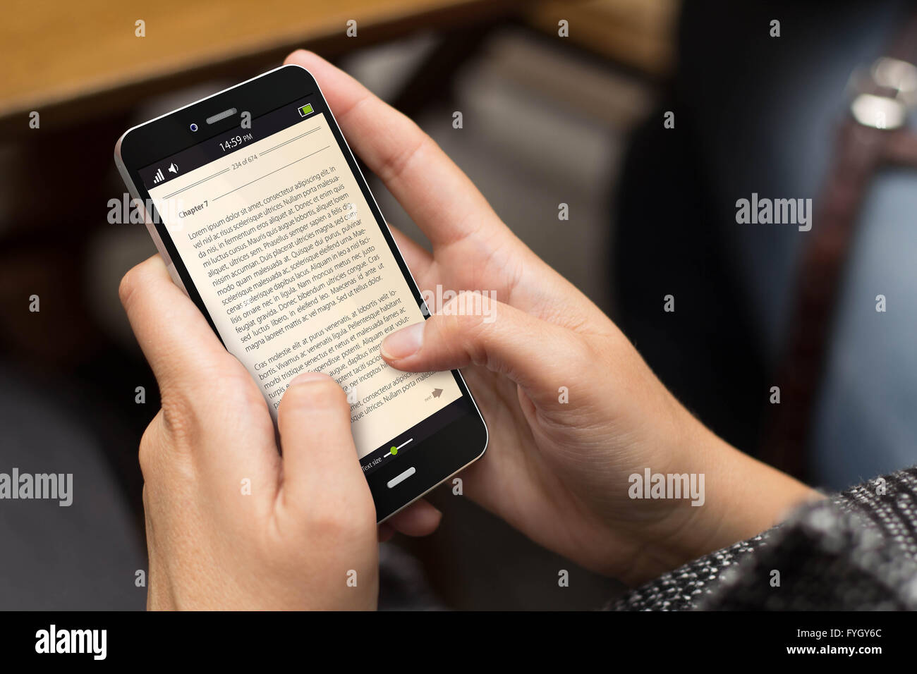 reading concept: girl using a digital generated phone with ebook on the ...