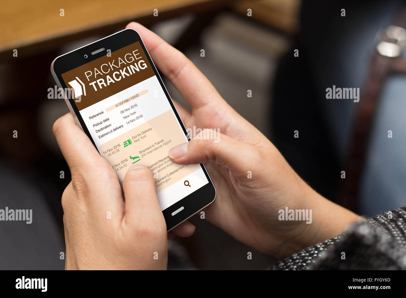 business concept: girl using a digital generated phone to buy on a ...