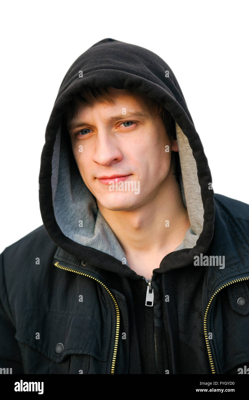 young man face in a hood. resolute looking Stock Photo - Alamy