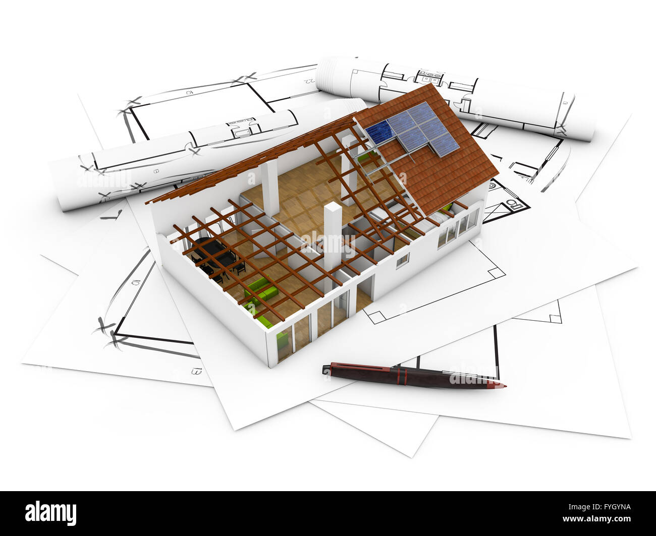 3d render of an architecture model over plots with technical draws ...