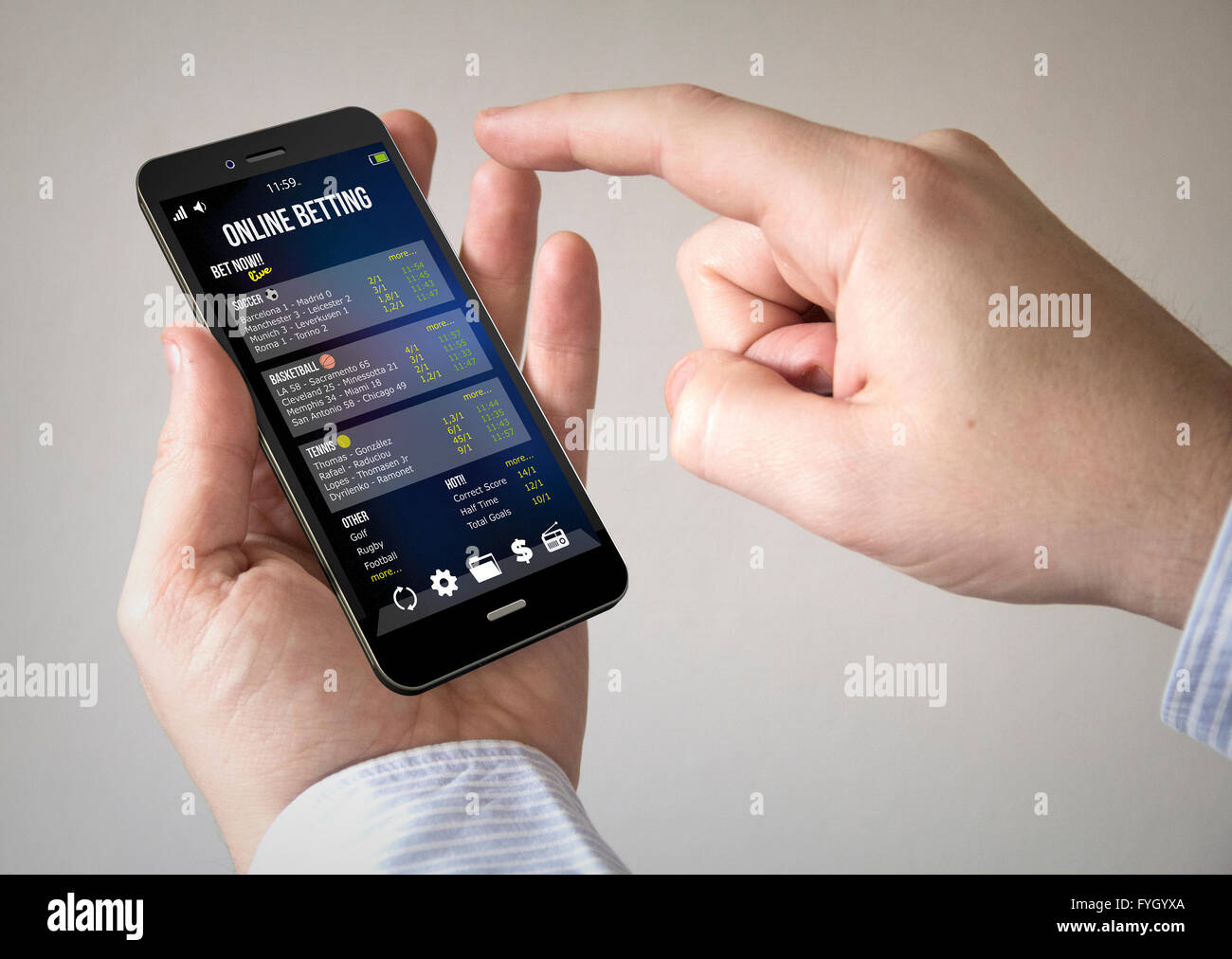 Close up of man using mobile smart phone with bet online app Stock ...