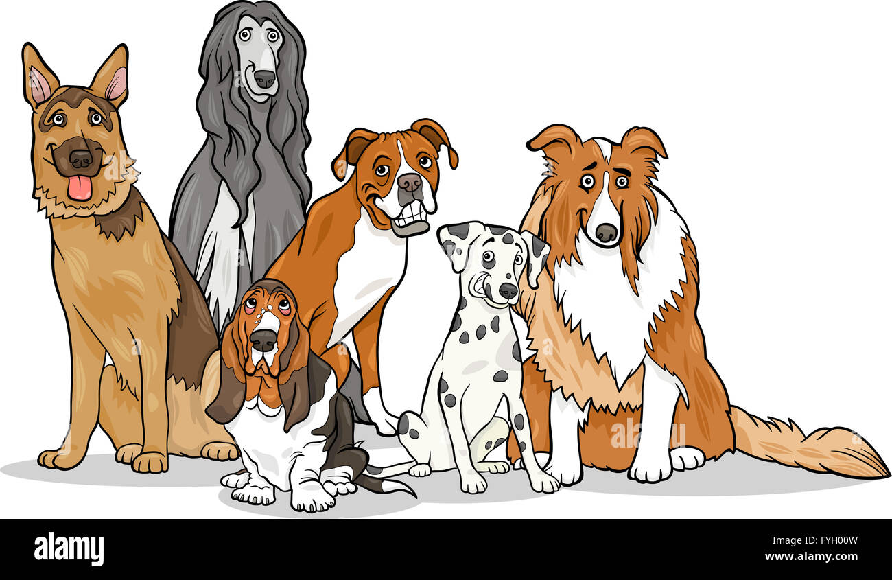 cute purebred dogs group cartoon illustration Stock Photo - Alamy