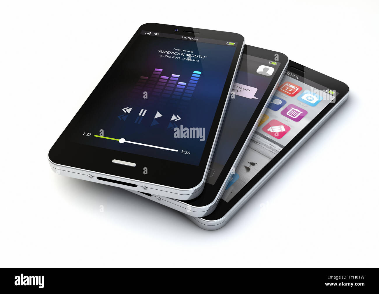 render of three smartphones with different apps on the screen Stock ...