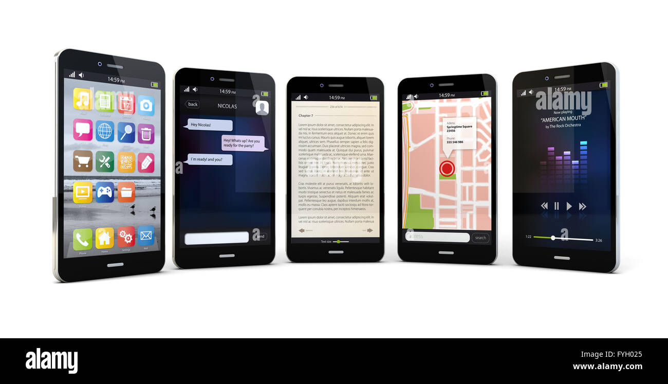 render of five smart phones with different apps on the screen Stock ...