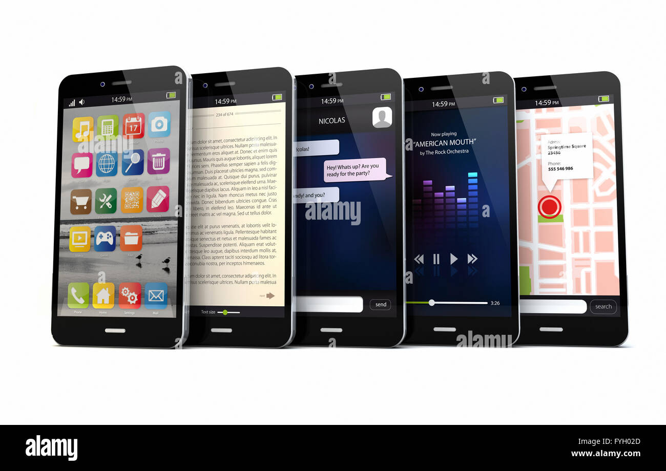 render of five smart phones with different apps on the screen Stock ...