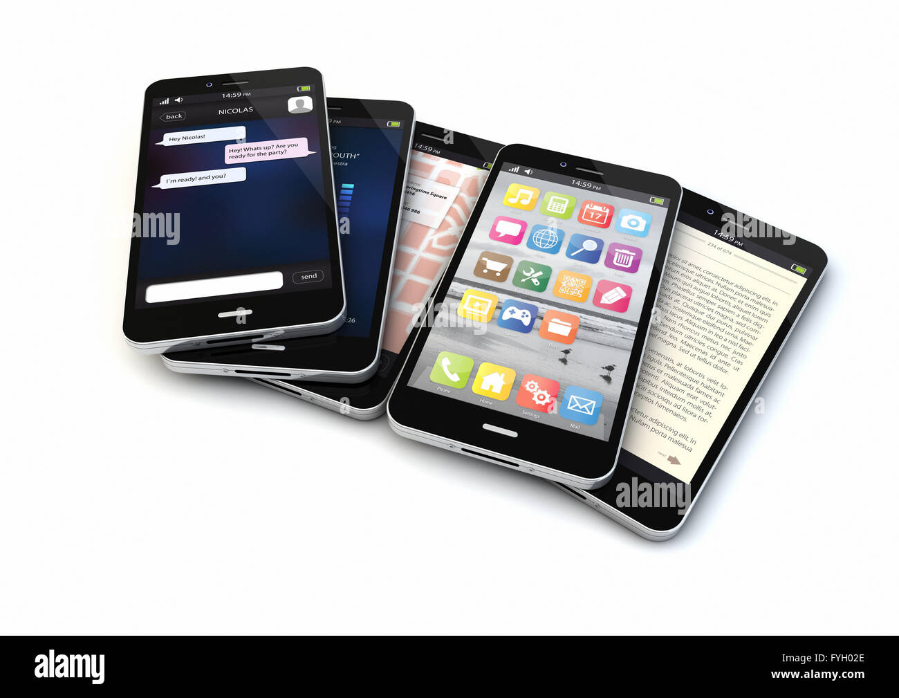 render of five smart phones with different apps on the screen Stock ...