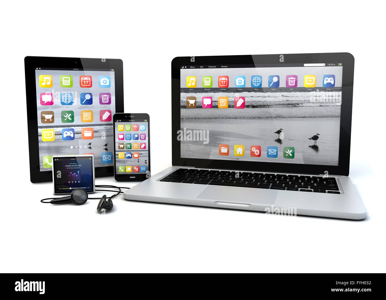 smartphone, media player, tablet pc and laptop Stock Photo - Alamy