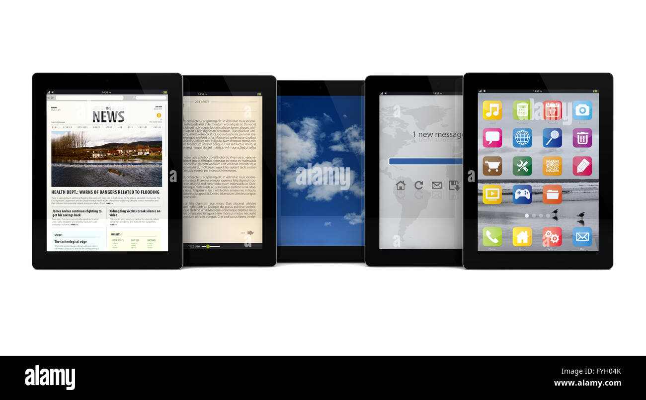 render of five tablets with different apps on the screen Stock Photo ...