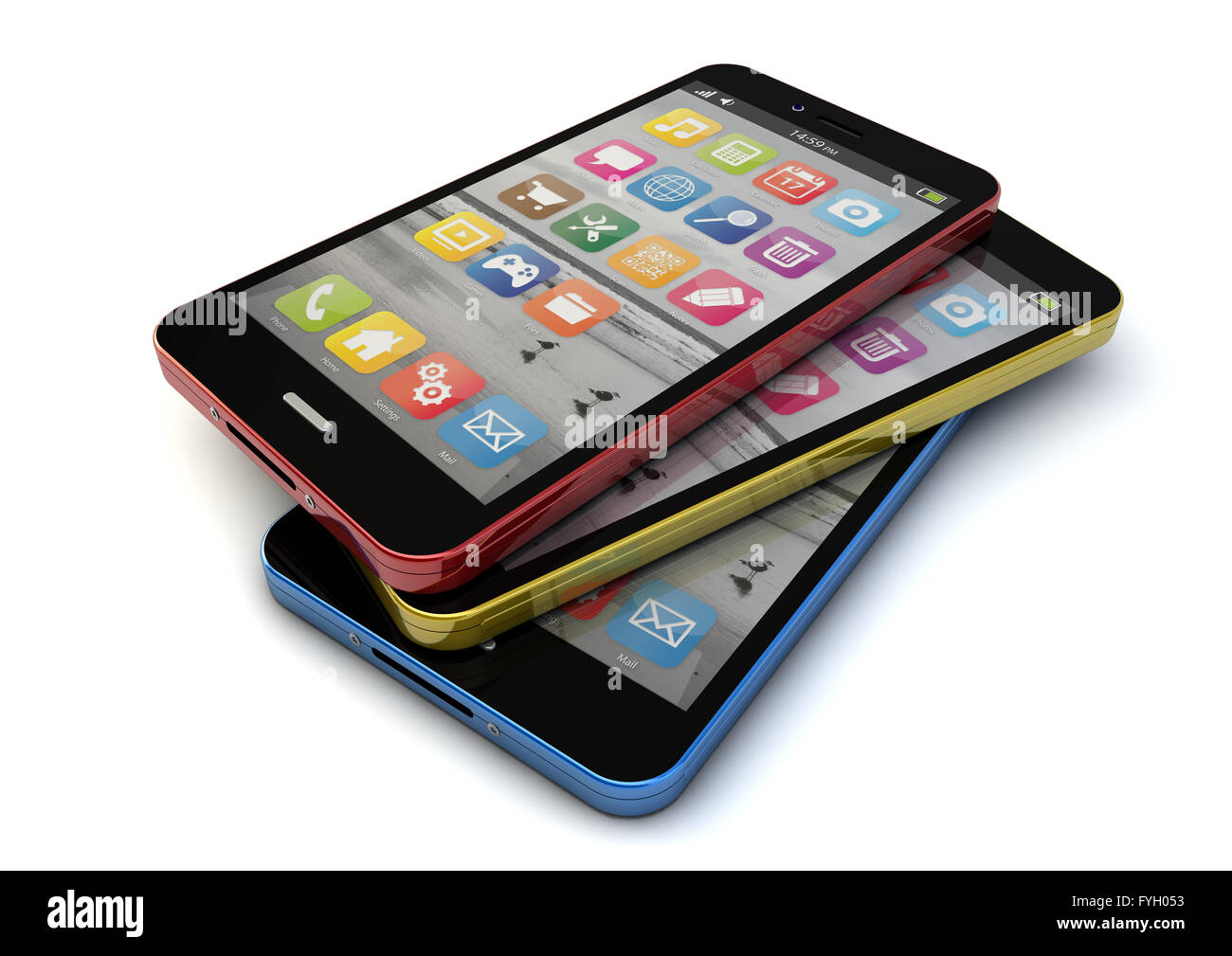 render of three colorfull smartphones Stock Photo - Alamy
