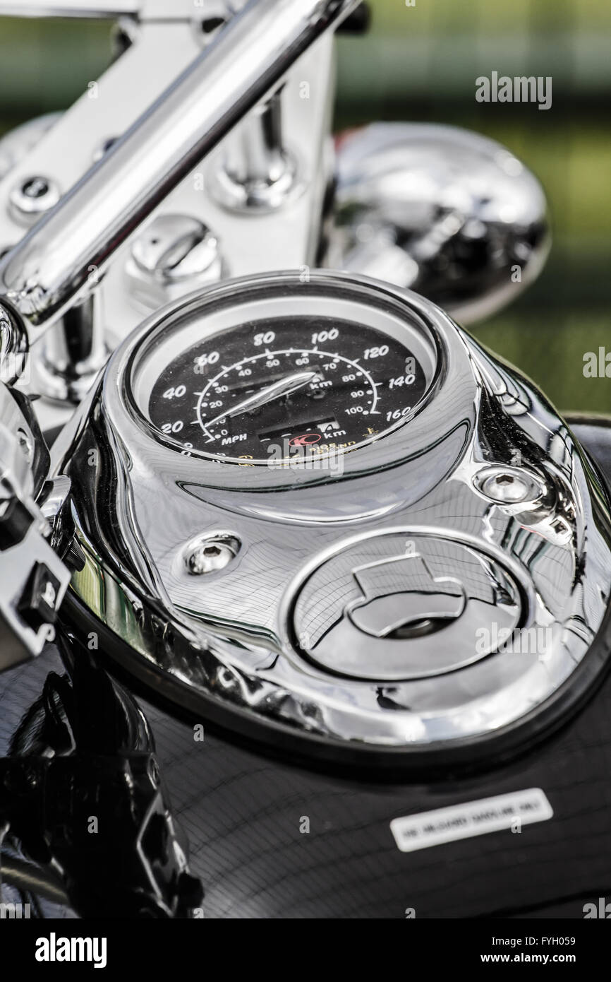 Closeup of a big chromium motorcycle engine, shiny chrome plated Stock ...