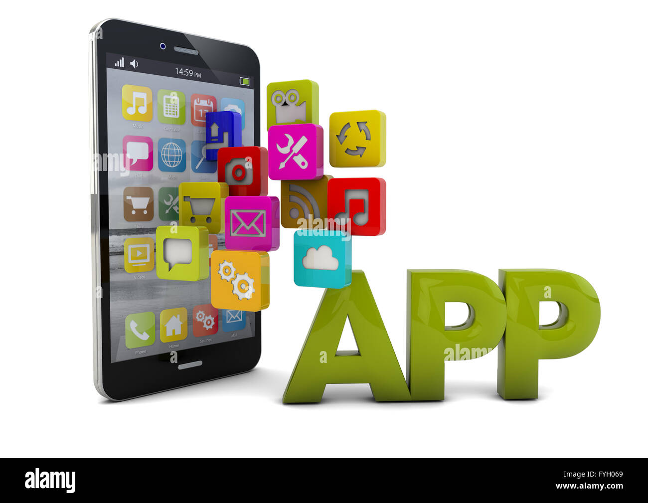 smartphone render with apps and the word app Stock Photo - Alamy