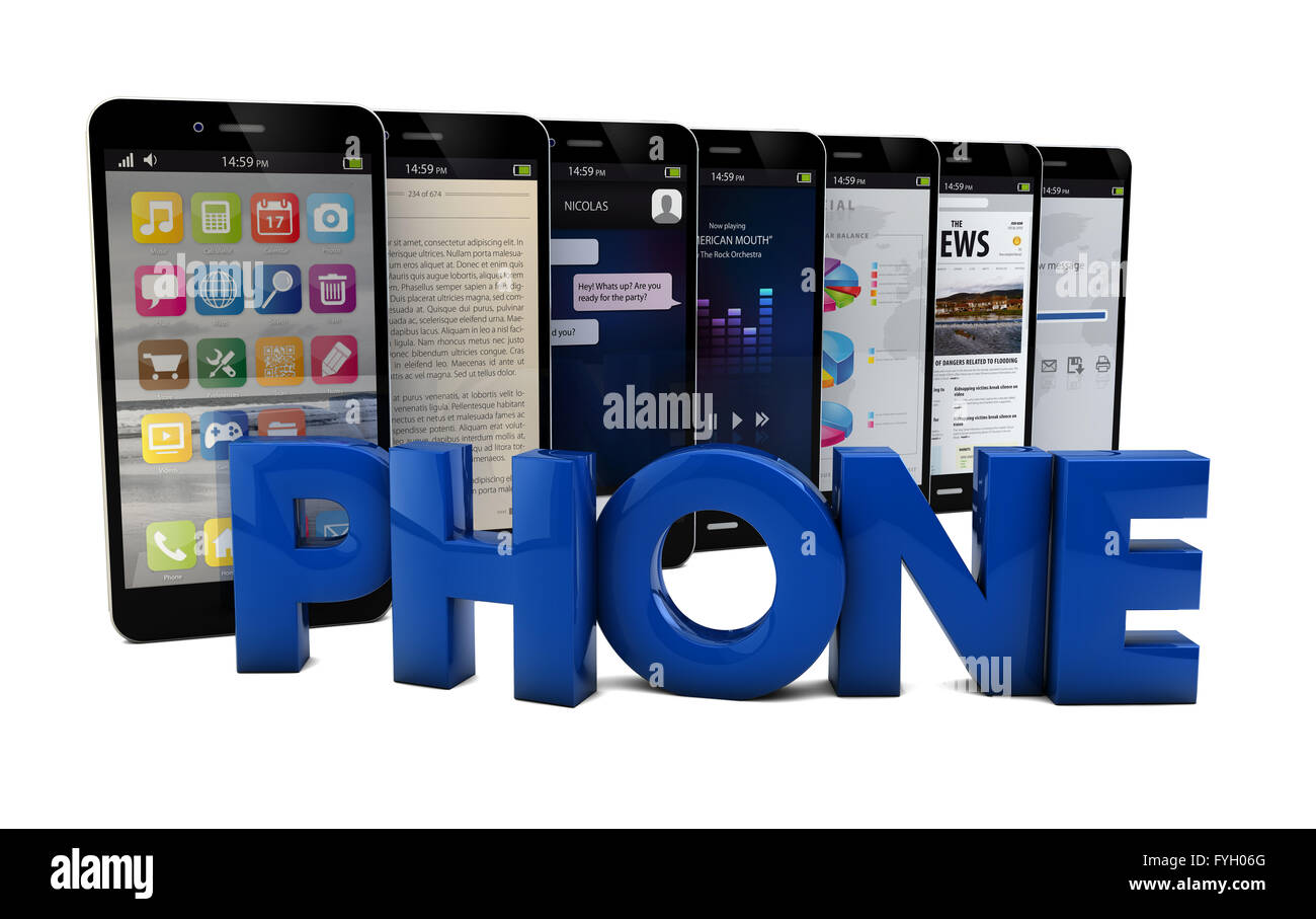render of five smartphones with the text phone Stock Photo - Alamy