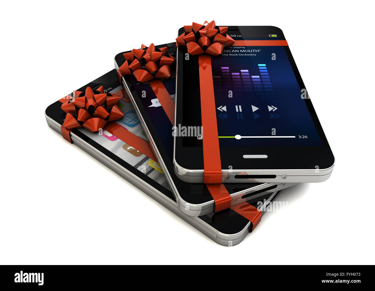 render of three smartphones with different screens and a ribbon Stock ...