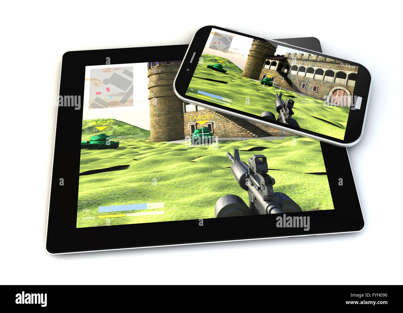 render of smartphone and tablet with a shooter game on the screen Stock ...