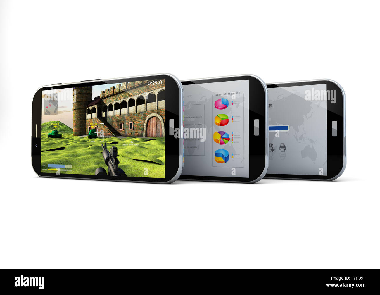 render of three smartphones with different apps on the screen Stock ...