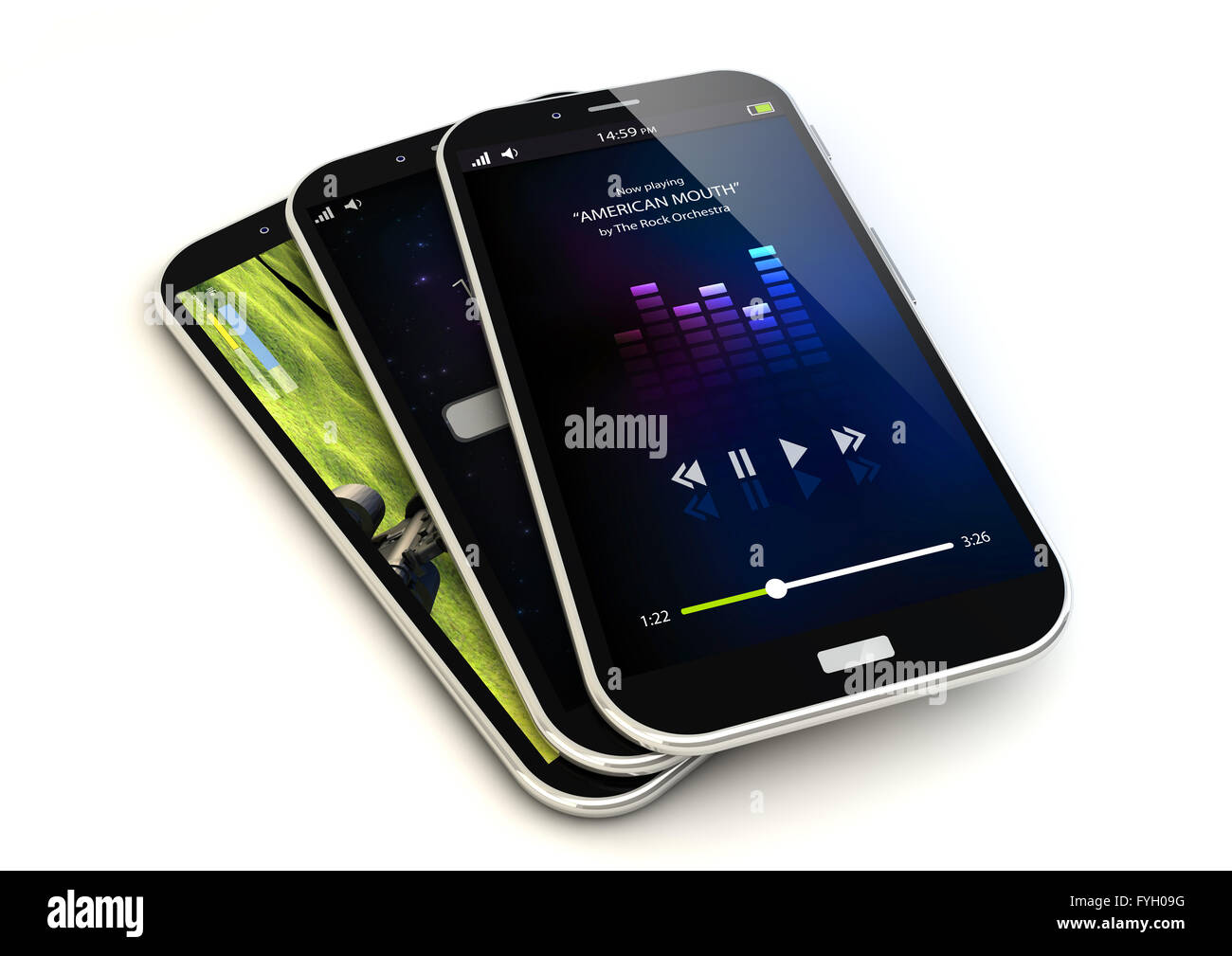 render of three smartphones with different apps on the screen Stock ...