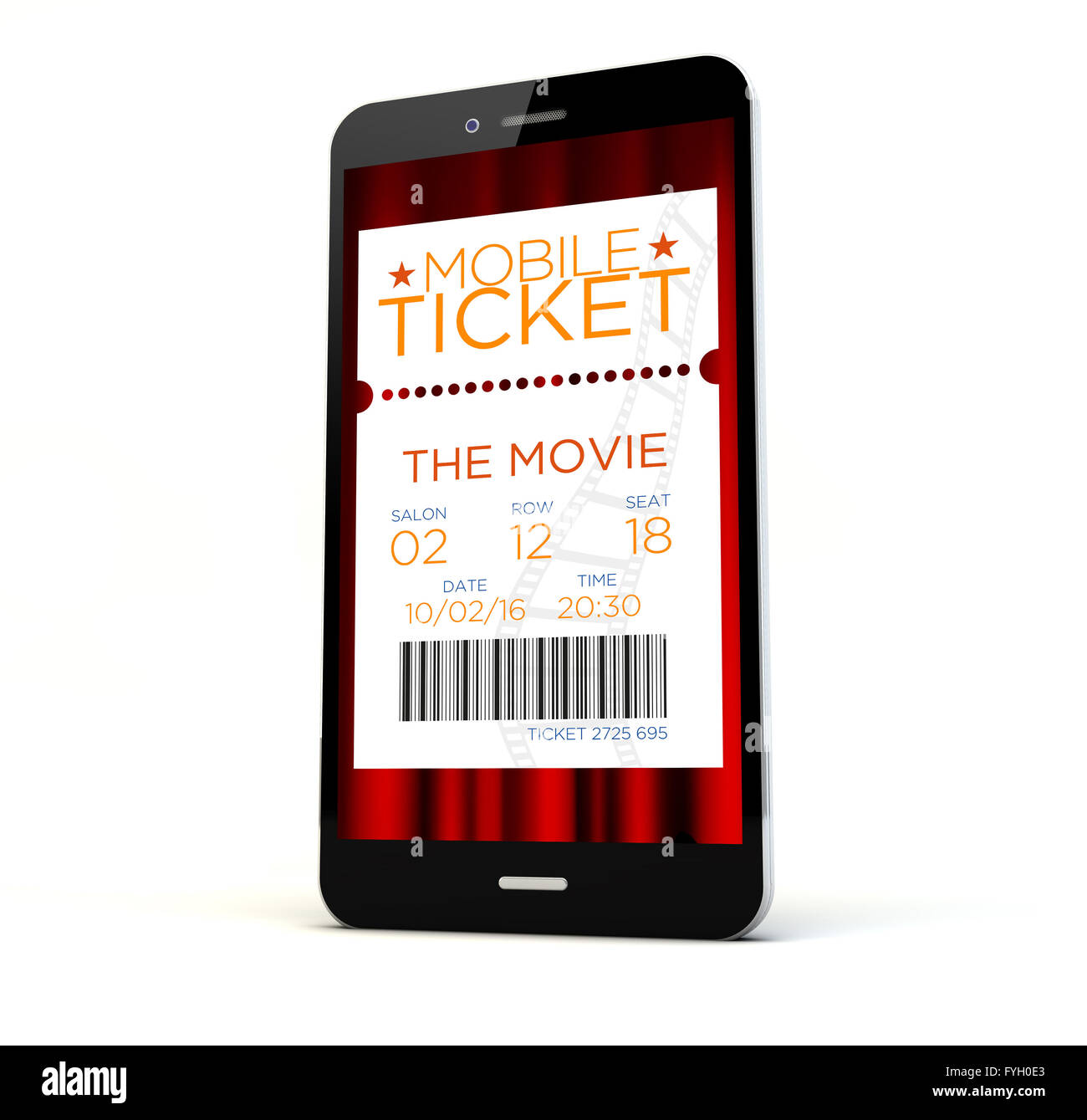 render of a phone with cinema tickets on the screen isolated. Screen ...