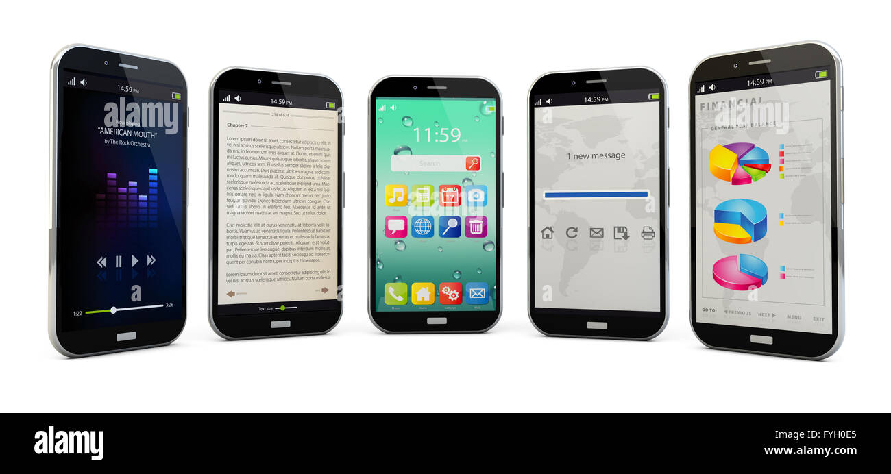 five smartphones isolated on white background Stock Photo - Alamy