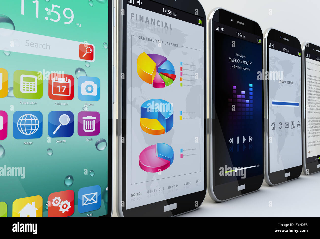 smartphones concept: five smartphones showing different apps Stock ...