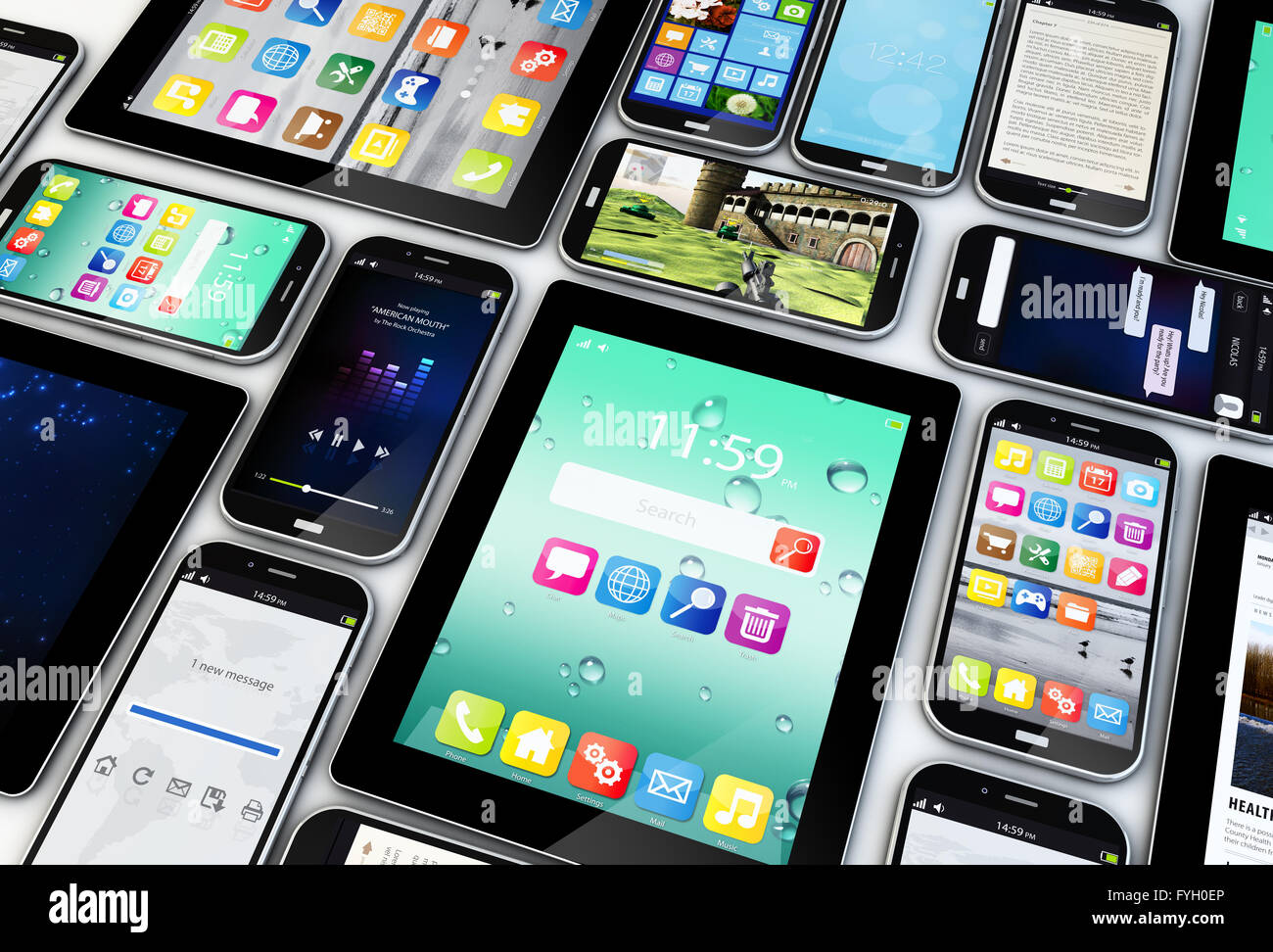 goup of mobile devices with apps and interfaces Stock Photo - Alamy