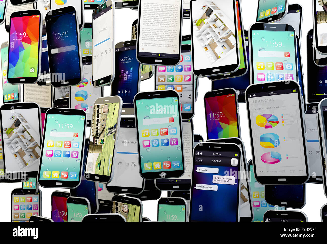a collection of falling smartphones with different screens Stock Photo ...