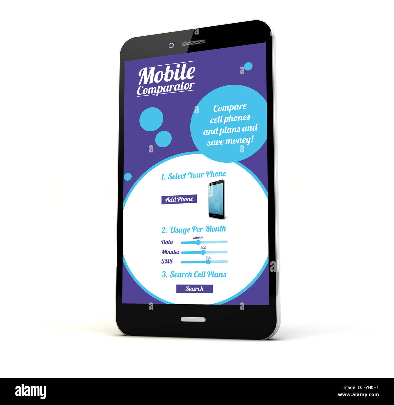 render of a phone with online mobile rates and plans comparator on the ...