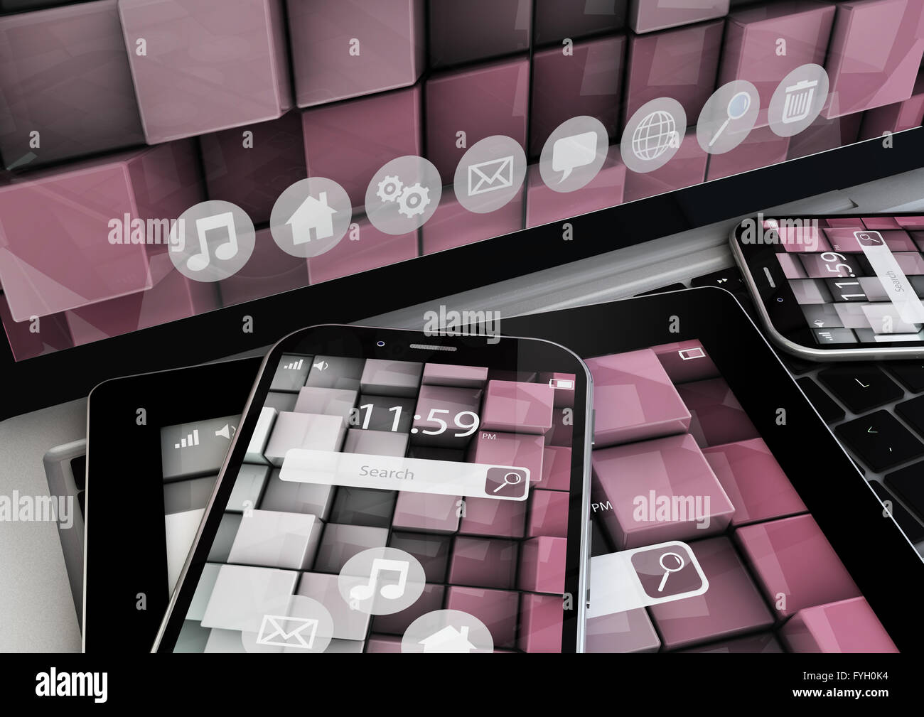 mobile connection concept: Laptop, tablet pc and smartphone close up ...