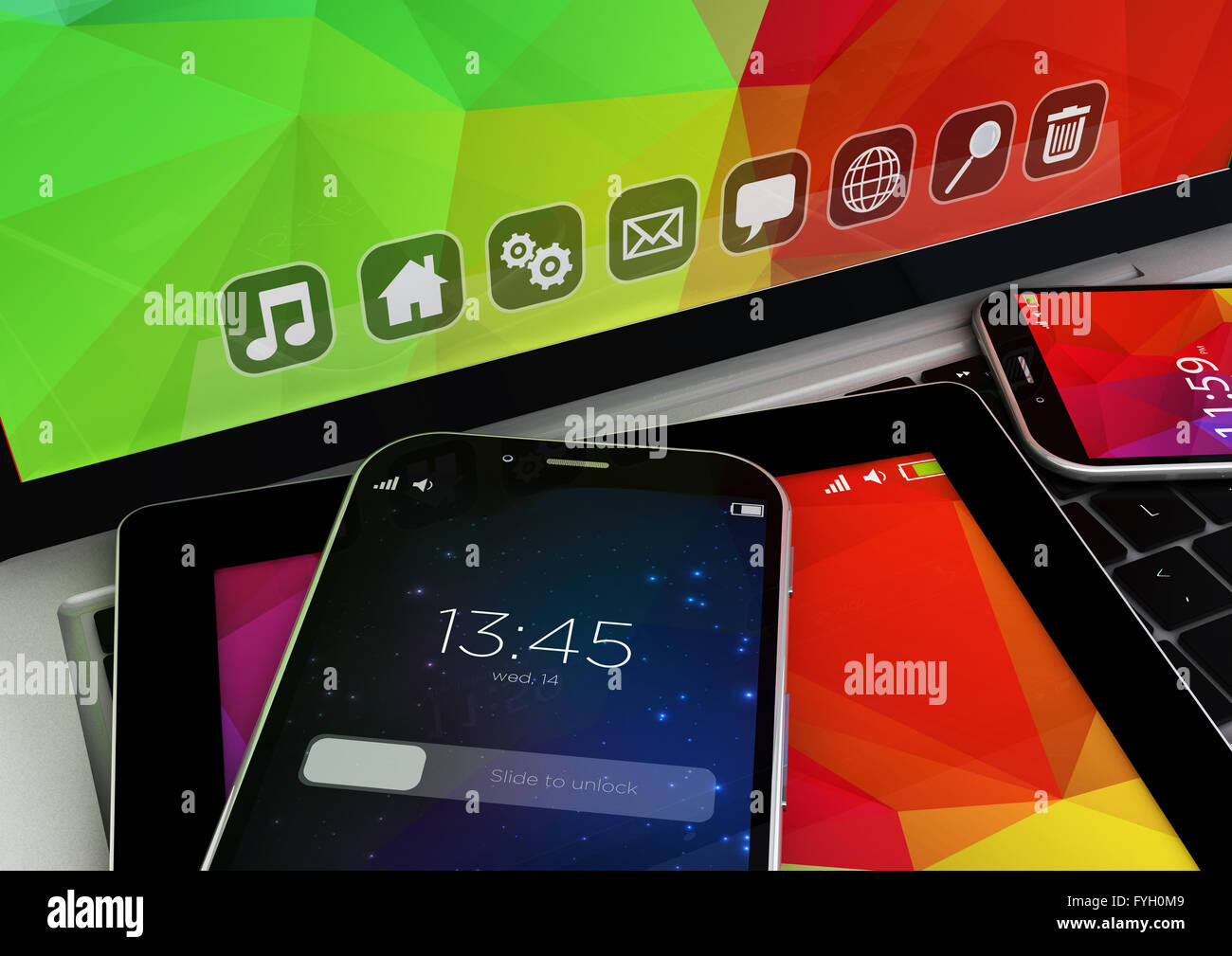 electronic devices: close-up view of a collection of colorful interface ...
