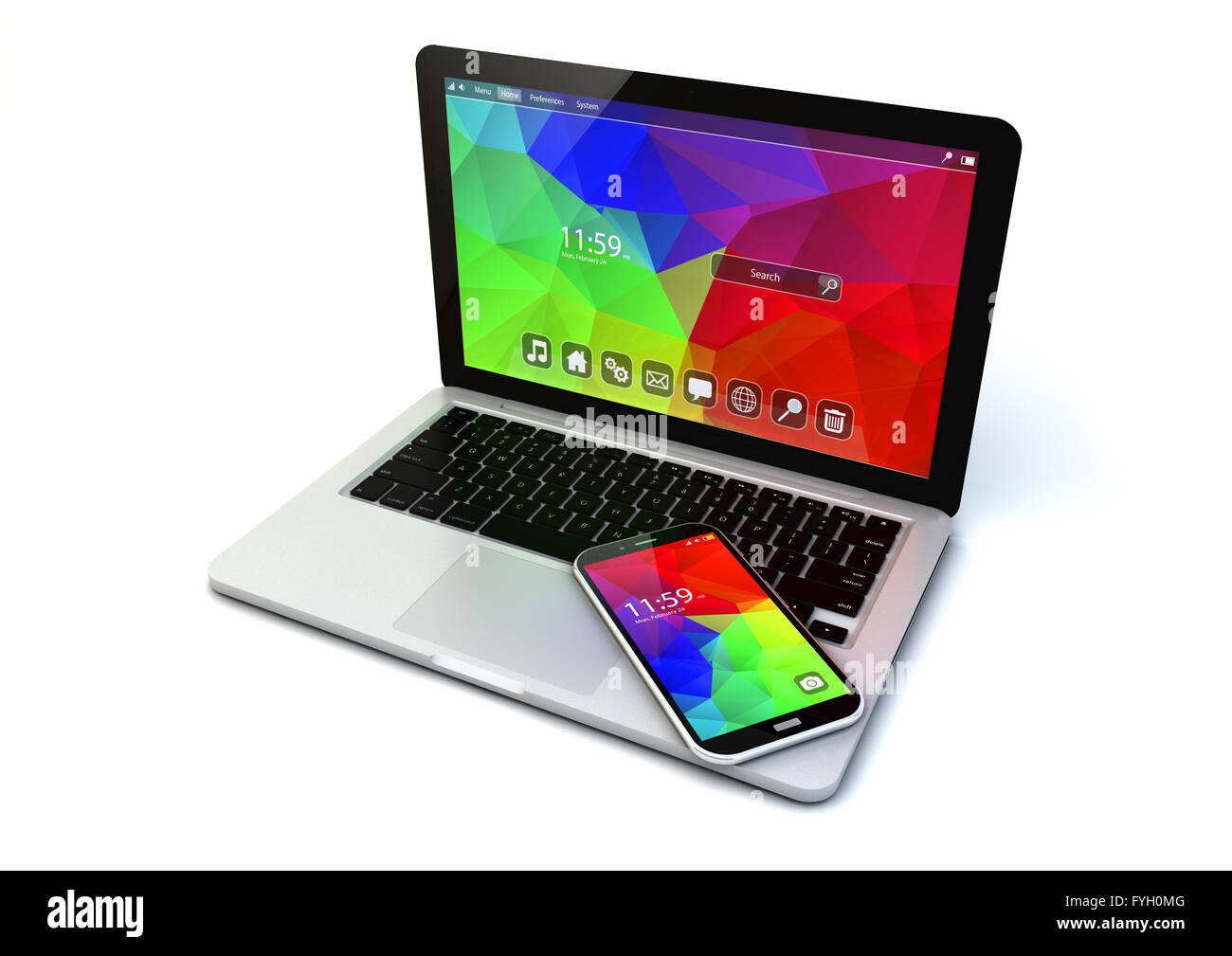 business chrome laptop and modern touchscreen smartphone with colorful ...