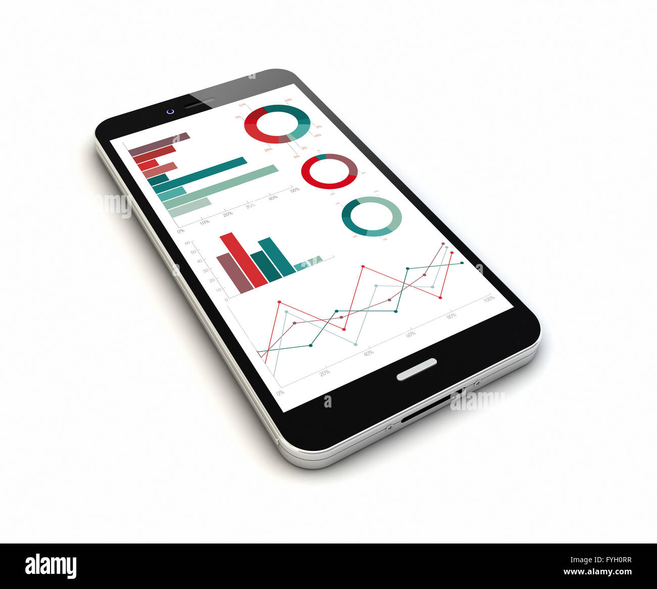render of an original smartphone with financial graphs on the screen ...