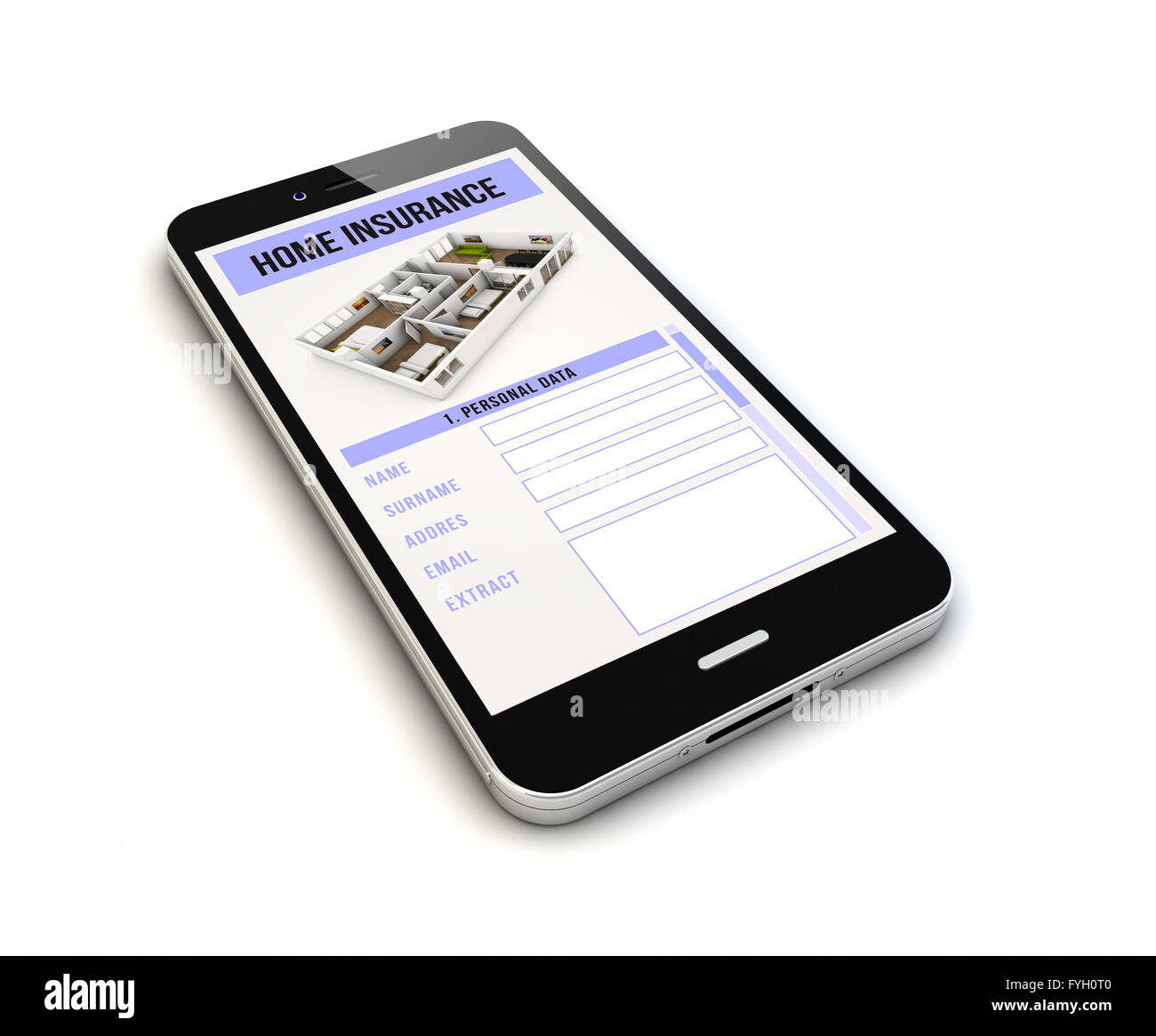render of an original smartphone with home insurance on the screen ...