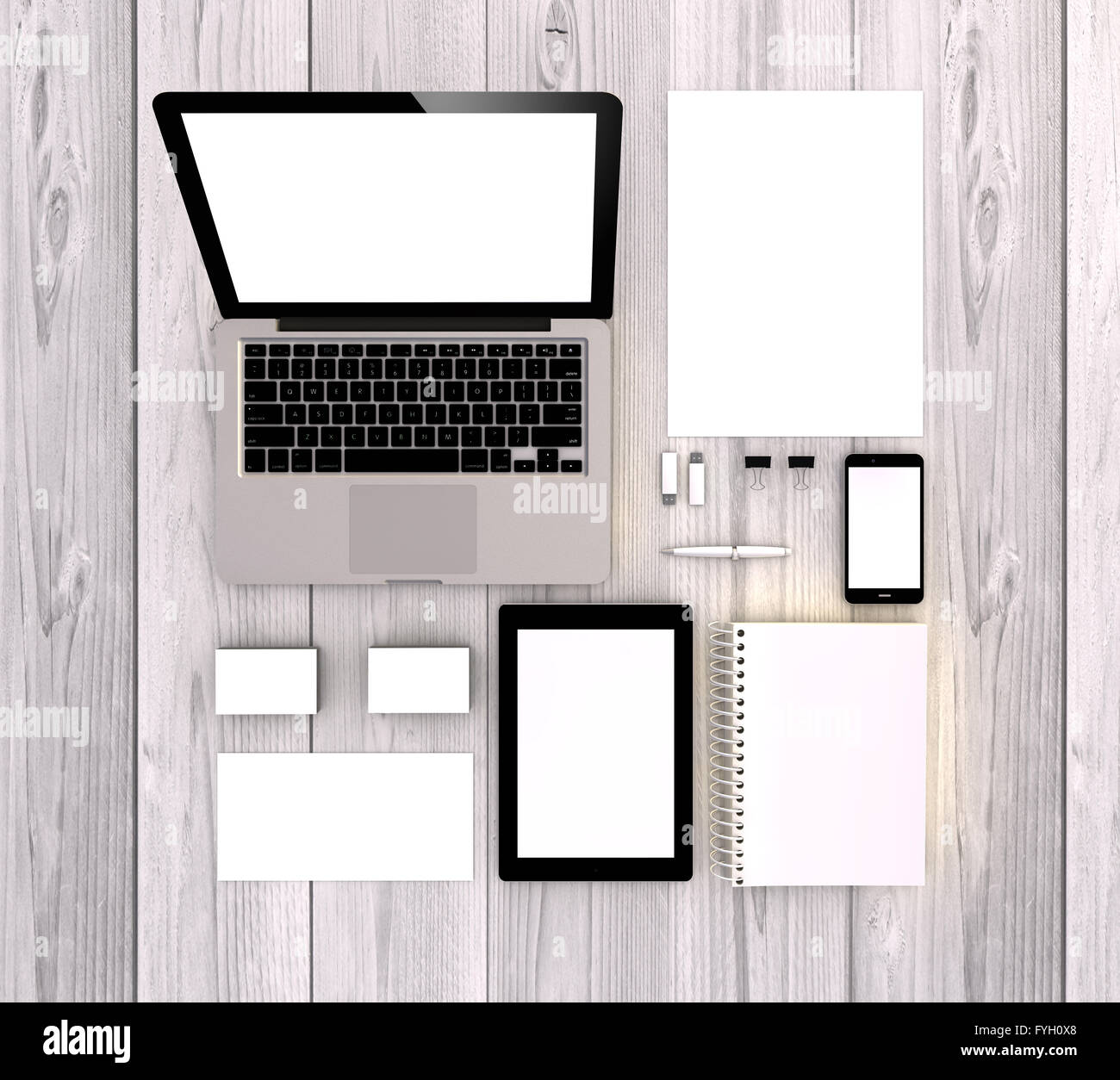 office stuff blank with devices and paper corporate elements. 3D ...