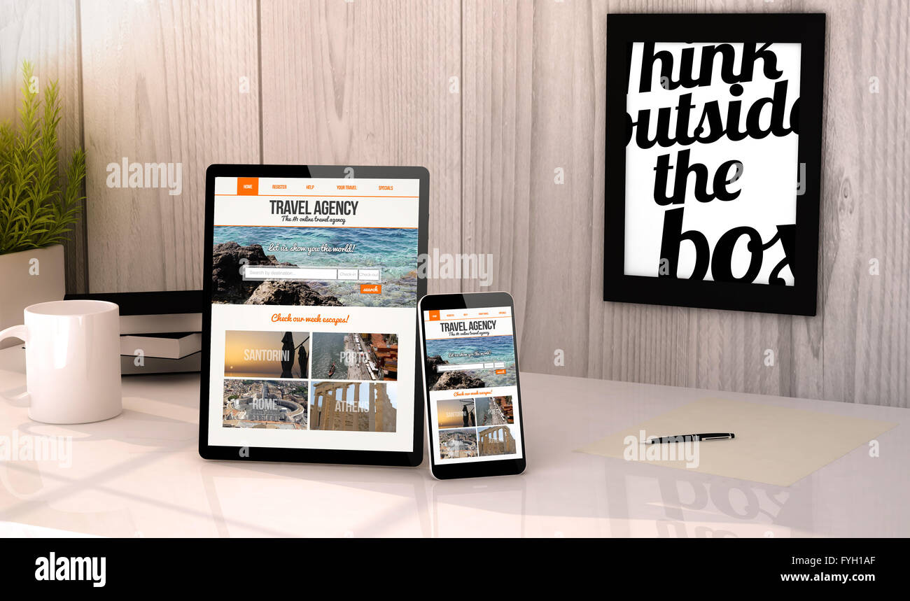 Digital generated tablet and phone on a desktop workplace travel agency ...