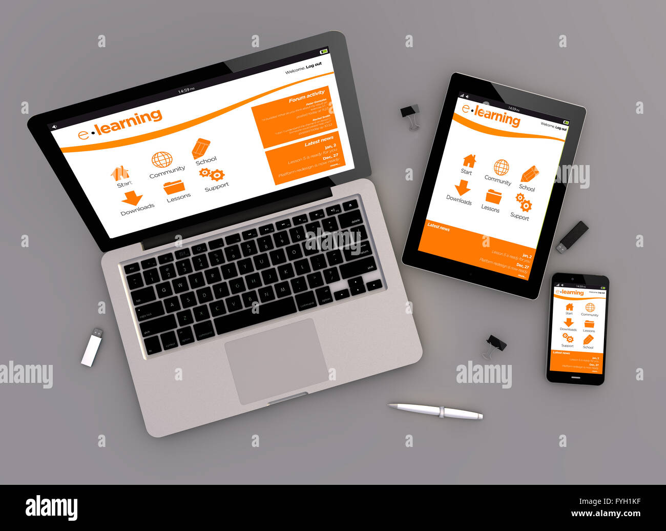 3d render of e-learning platform responsive devices with laptop ...