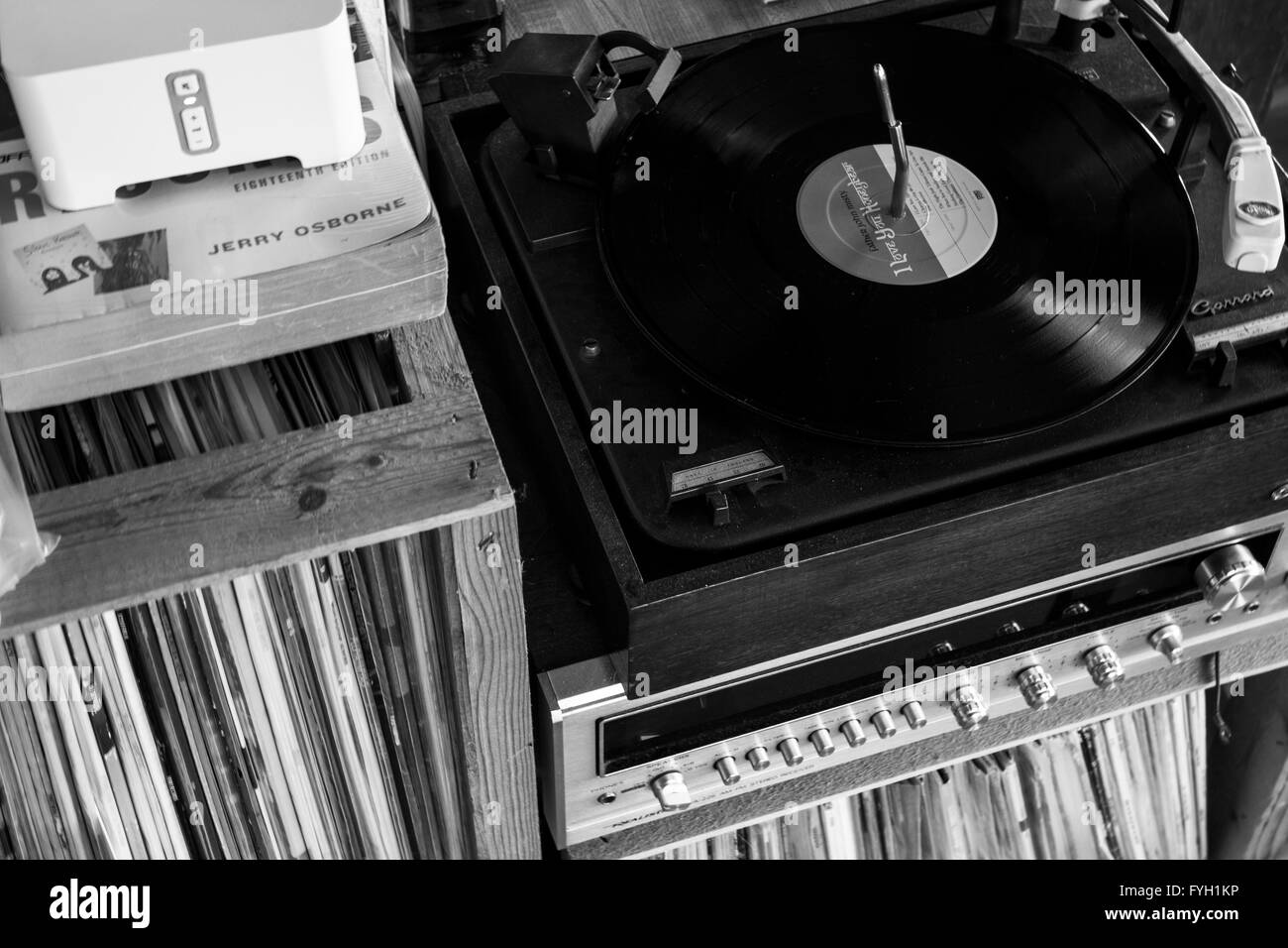 Record Player and Records in Black and White Stock Photo - Alamy