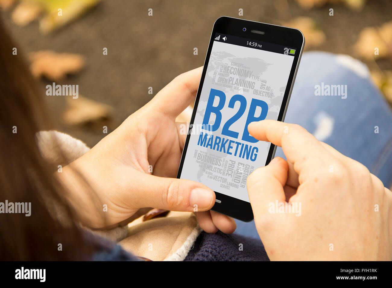 mobile commerce concept: woman holding a 3d generated smartphone with ...