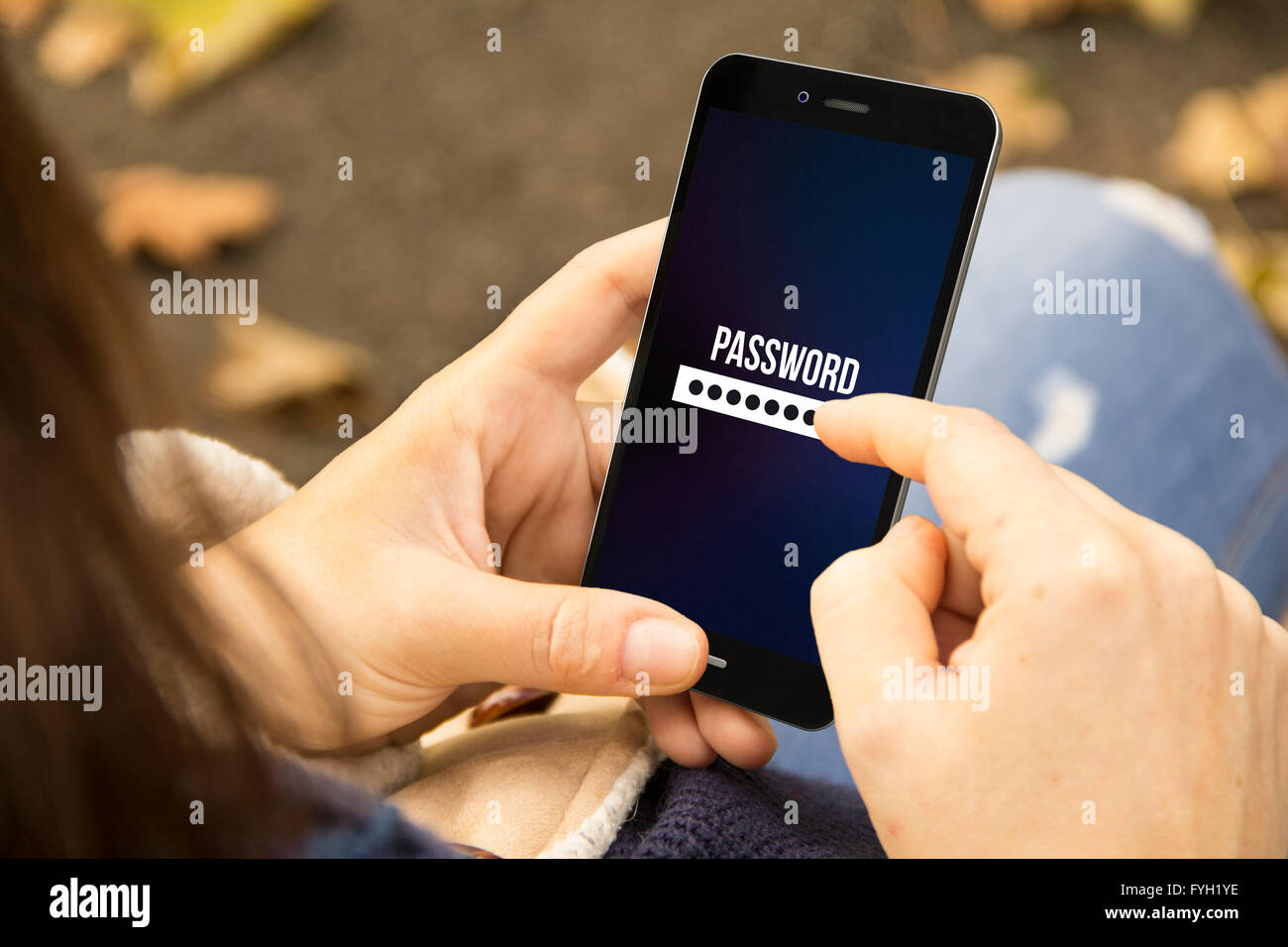 mobile security concept: young woman entering password on a 3d ...