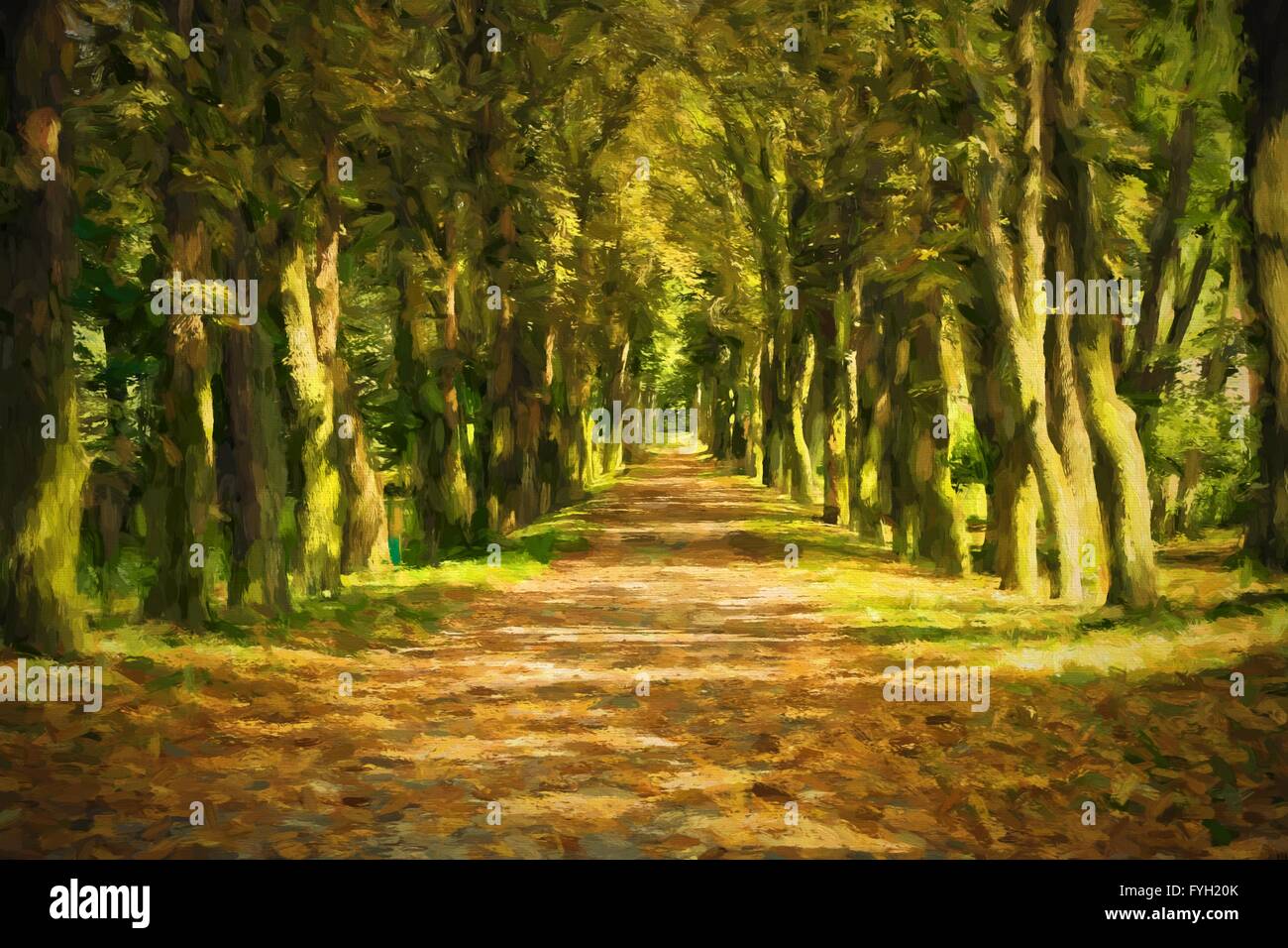 Oil painting pathway through the autumn forest. Original oil painting ...