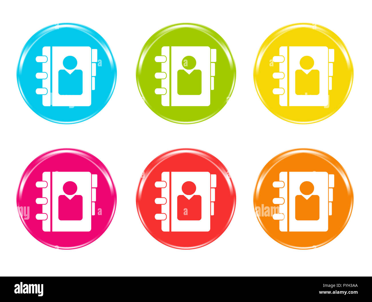 Set of colorful icons with phone book symbol in blue, green, yellow ...