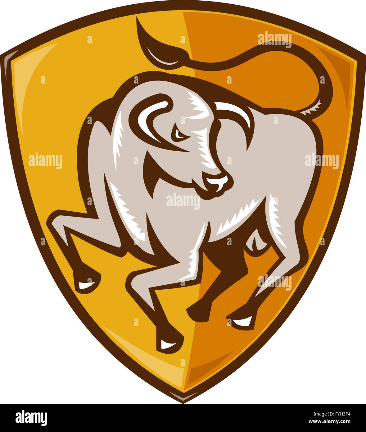 angry bull attacking shield woodcut Stock Photo - Alamy