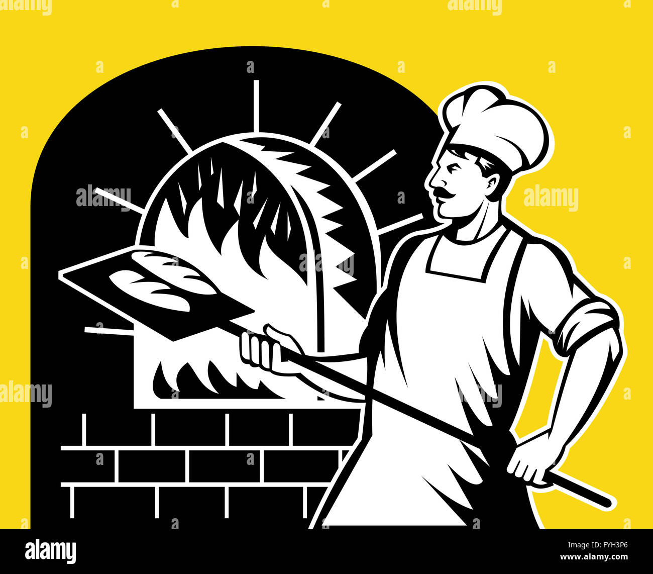 baker holding baking pan into wood oven Stock Photo - Alamy