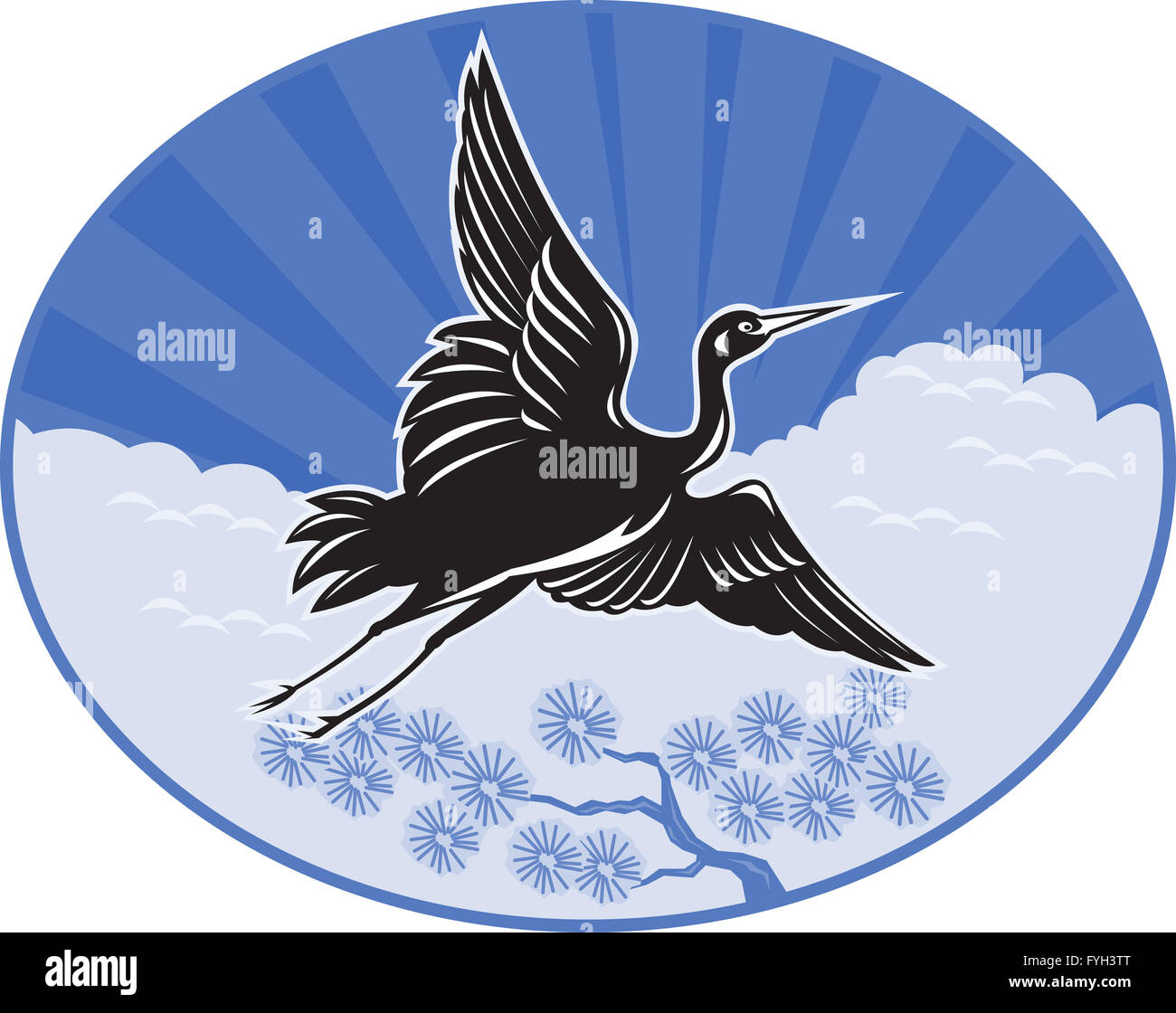 Crane flying pine tree clouds and sunburst Stock Photo - Alamy