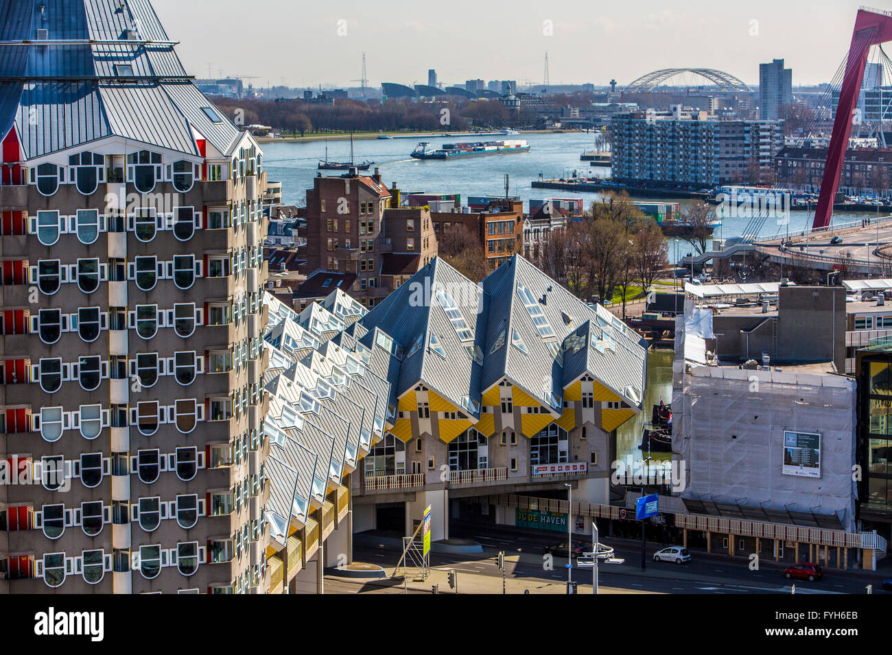Downtown, skyline of Rotterdam, Blaak square cube residential buildings ...